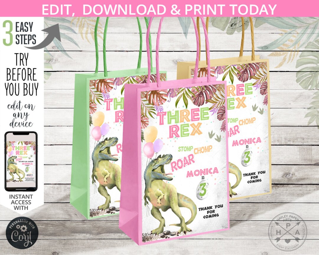 Dinosaur Three Rex Paper Bag Label, Gift Labels, T-rex Dino Third Girl ...