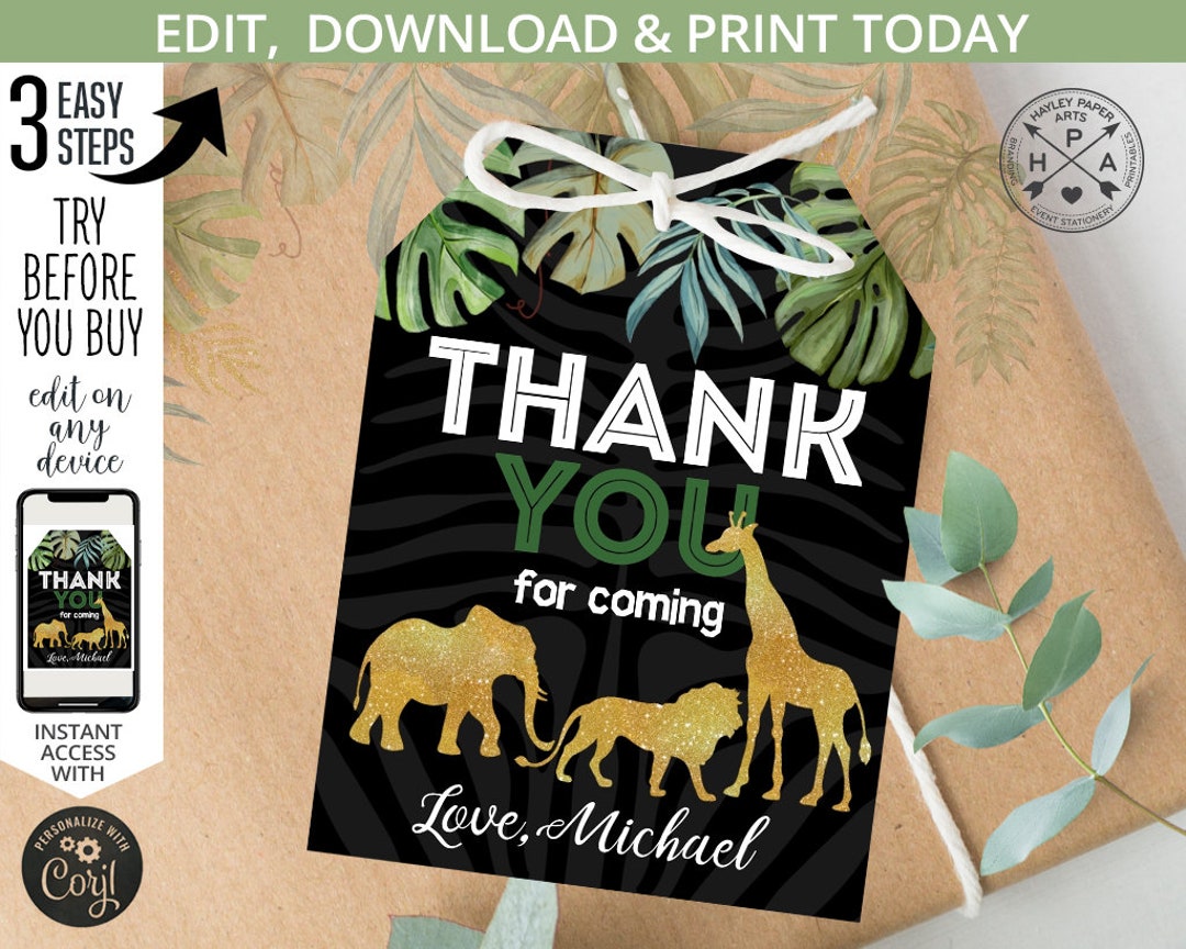 EDITABLE Jungle Gift Tag Wild One Favor Tags Gold Animals Safari First ...