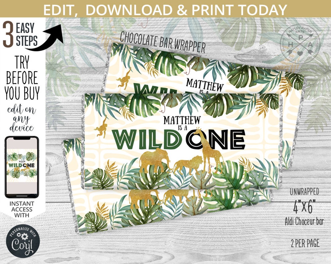 Jungle Animals Chocolate Bar Candy Wrapper Safari Birthday First 1st ...