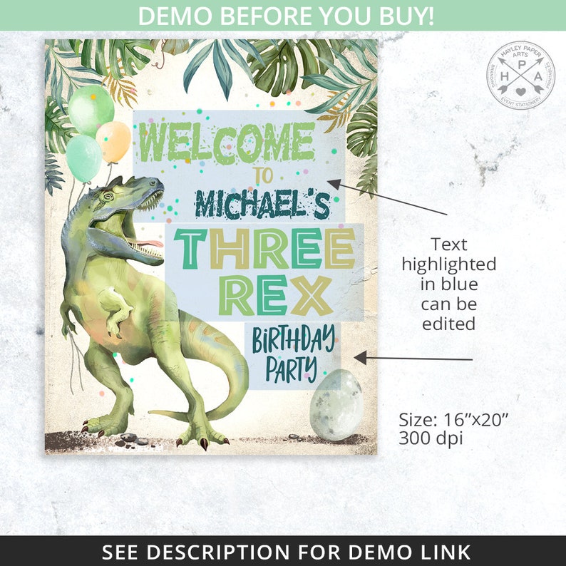 Dinosaur Welcome Sign Three Rex 16x20 Poster 3rd Third Birthday. Dino ...