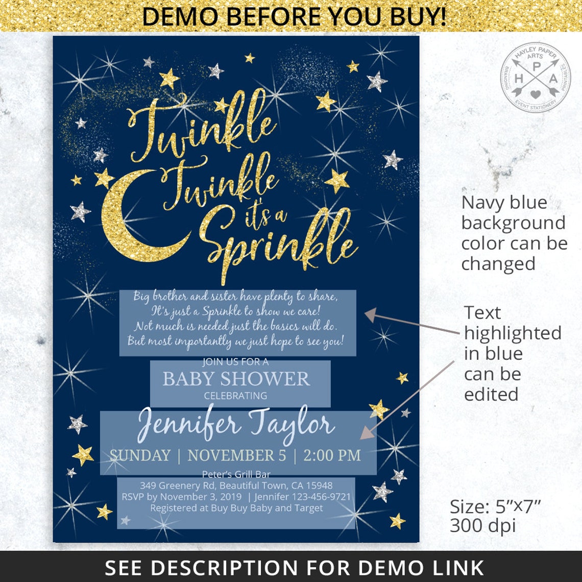 EDITABLE Twinkle It's a Sprinkle Baby Shower Poem Gold Navy Blue ...