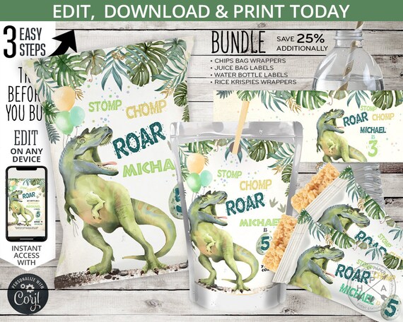 BUNDLE Dinosaur chips bag, juice bags, rice krispies wrap, dino T-Rex ...