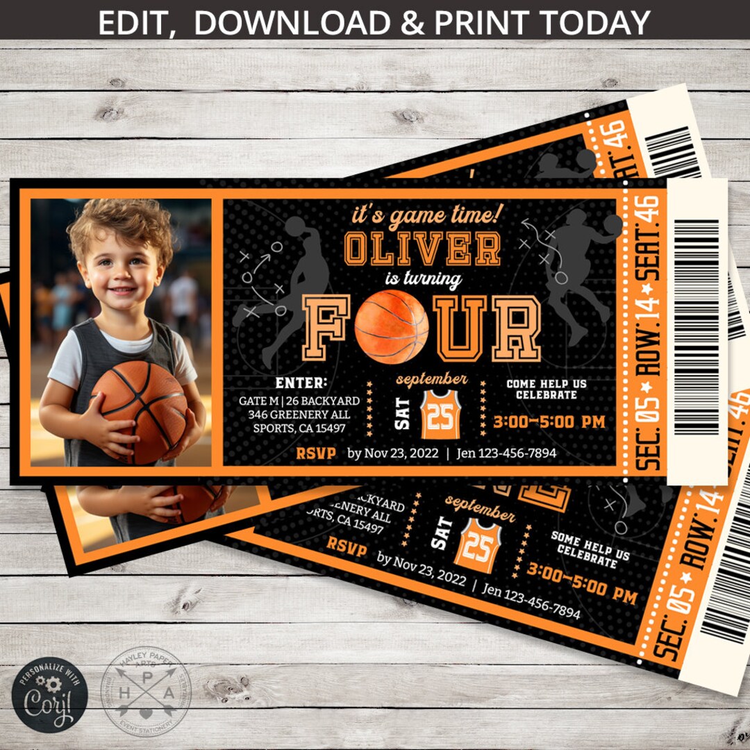 Basketball Sports Fourth Birthday Ticket Invitation All Stars Boy FOUR ...