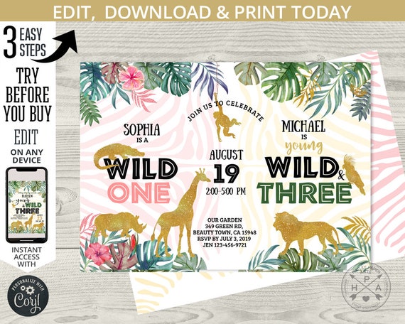 Jungle Wild One Three joint birthday invitation safari dual boy girl ...