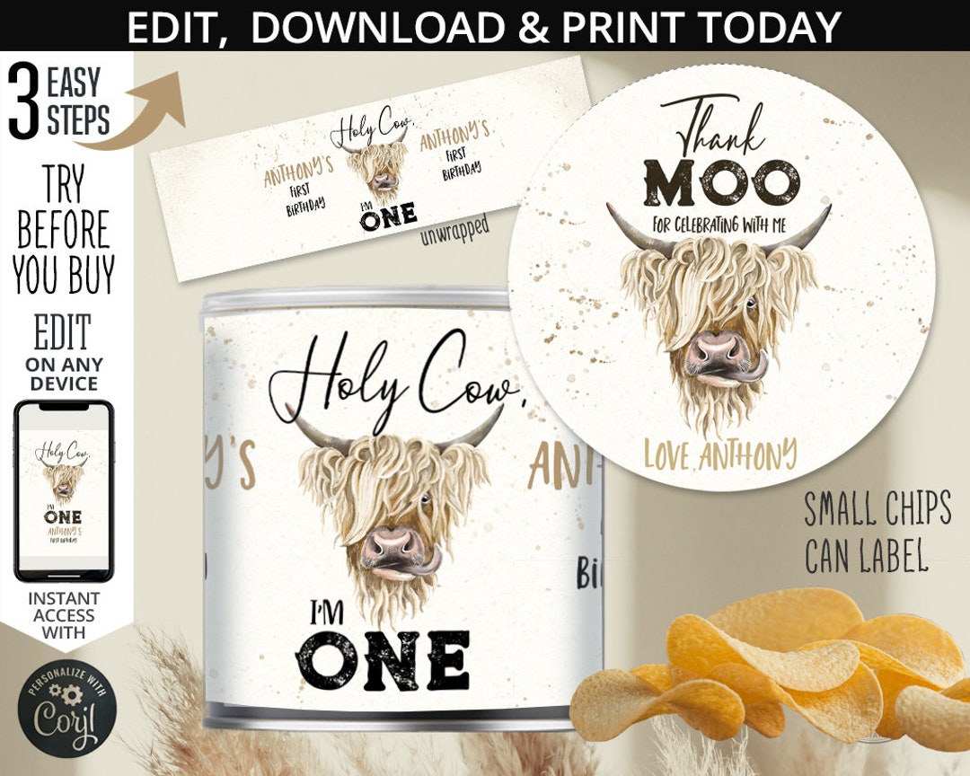 Holy Cow Mini Chips Can Label I'm ONE First Birthday Beige Highland Cow ...