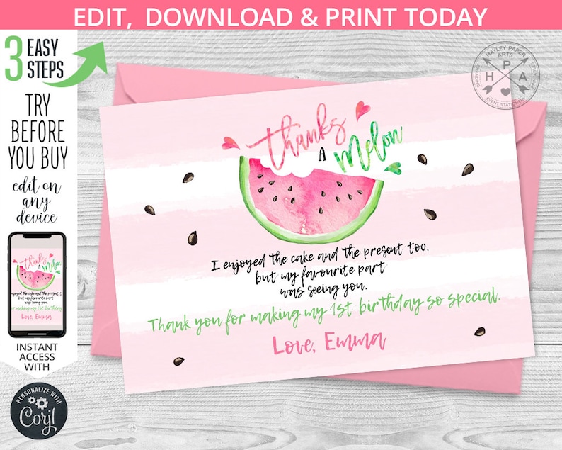 EDITABLE Watermelon Thank You Card Thanks a Melon One in a Melon Cards ...