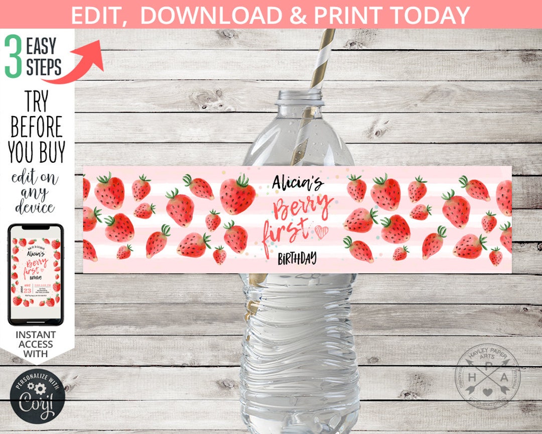 Strawberries Water Bottle Label Birthday Berry First Girl ONE Party ...