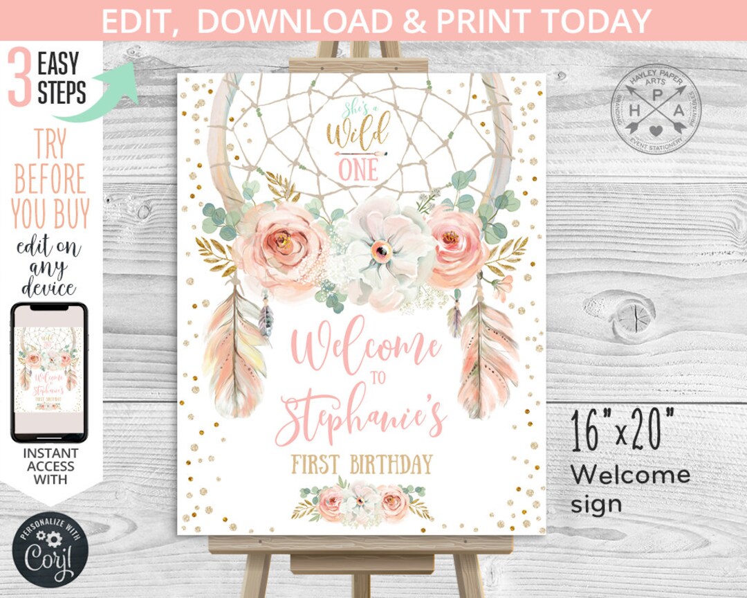 Wild One Dreamcatcher Welcome Sign Boho Blush Pink Roses 1st Birthday ...