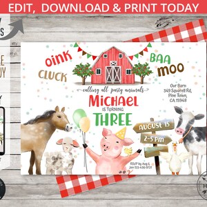 Farm Animals Invitation Boy Girl Red Barn Party Cow, Pig, Sheep, Ranch ...