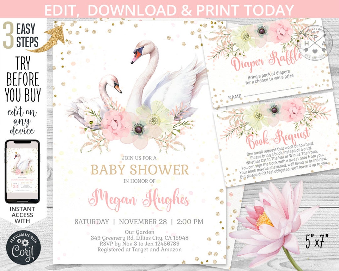 Swan Baby Shower Invitation, Insert Raffle, Book Request Cards, Mother ...