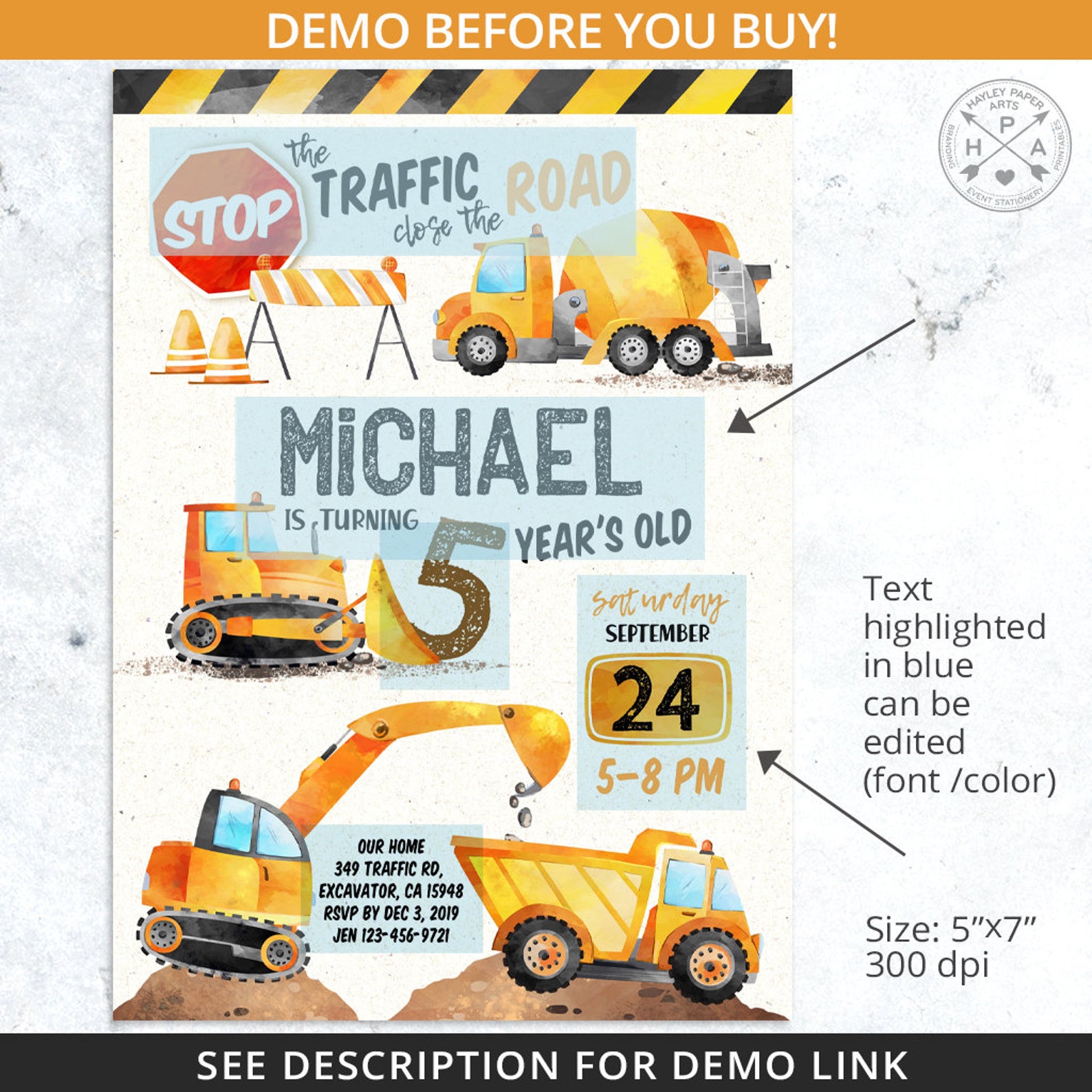 Construction Birthday Invitation, Truck Traffic Road Yellow Black ...