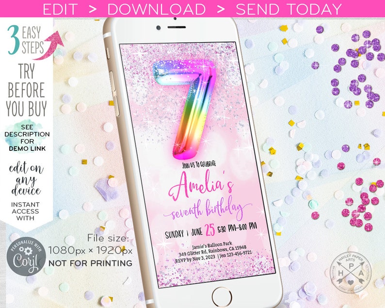 7th Birthday Electronic Invitation Seventh E-vite Rainbow Balloon ...