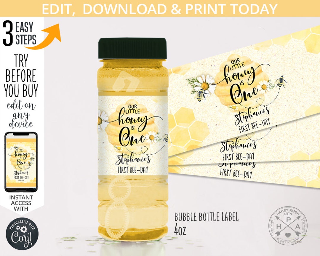 Bee Bubble Bottle Label Honey One Birthday Bee Hive Party Favor Label ...
