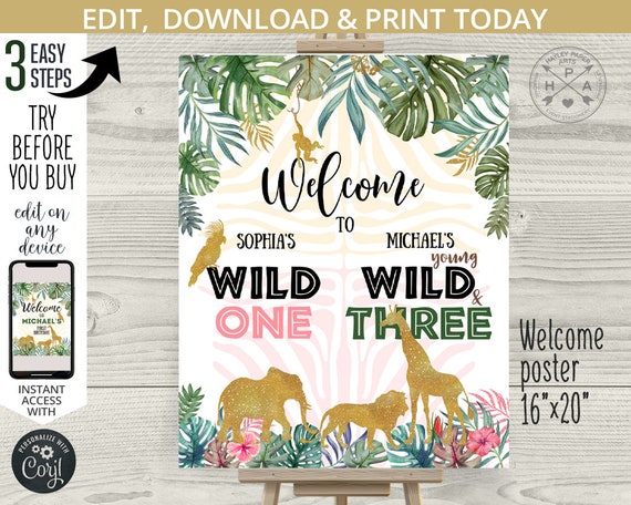 Jungle joint party welcome sign 1st first 3rd third birthday. Safari ...