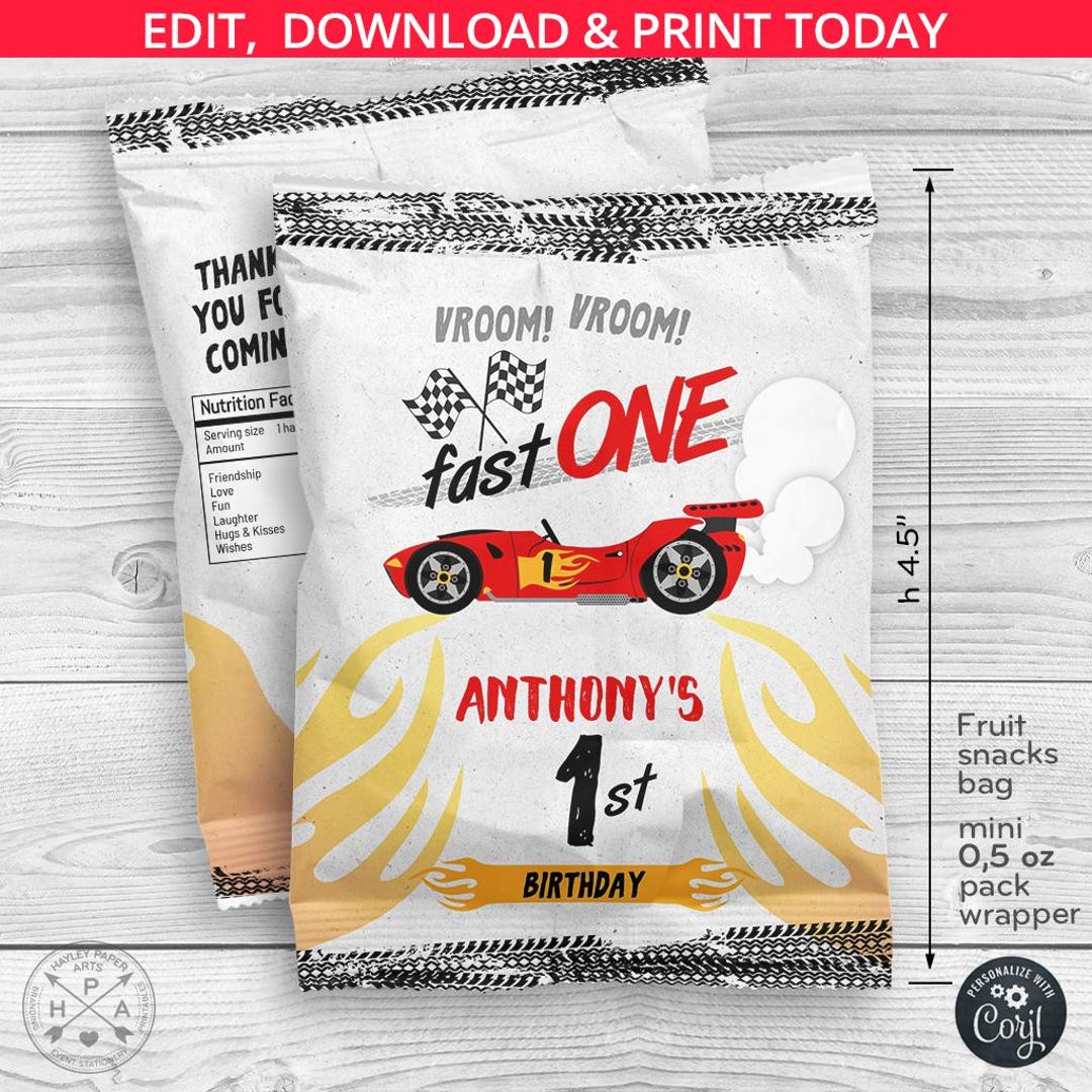 Race Car Fast ONE Fruit Snacks Bag First Birthday Party Favor, Snacks ...