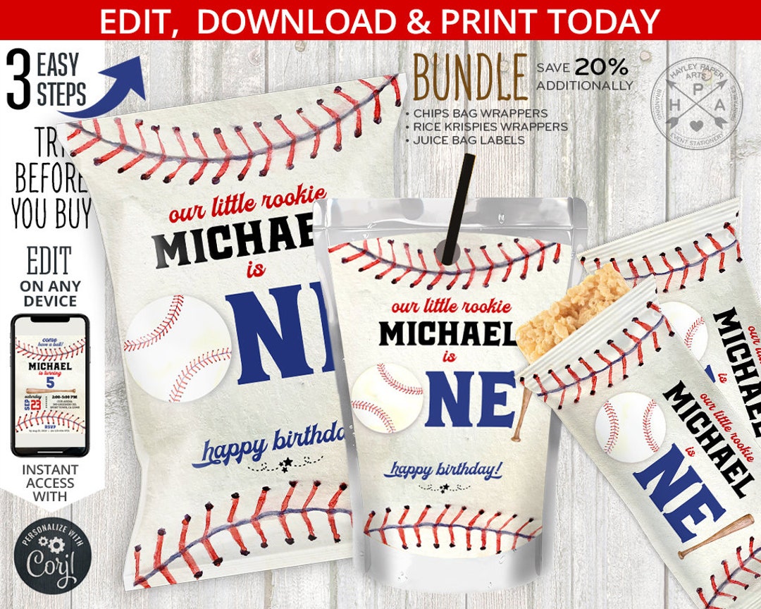 BUNDLE Baseball Chips Bag, Juice Bags, Rice Krispies Labels, Ball ...