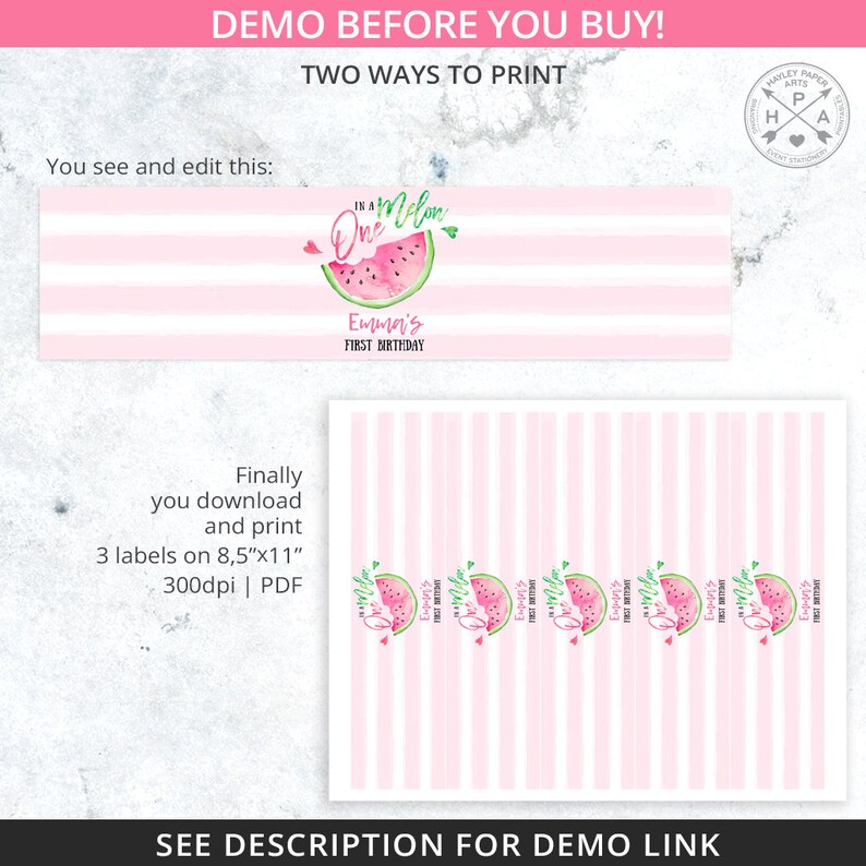 EDITABLE Watermelon Bottle Labels One in a Melon First Girl - Etsy