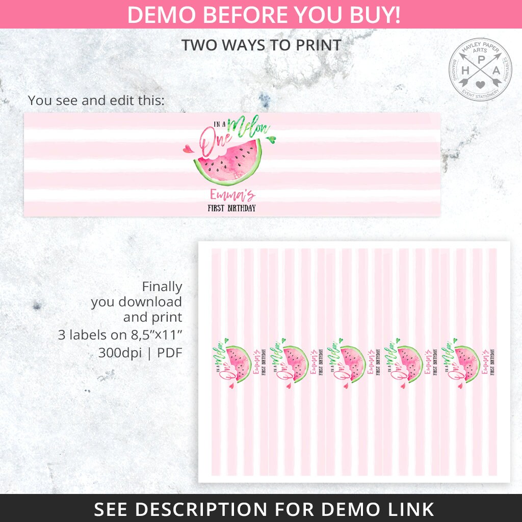 EDITABLE Watermelon bottle labels one in a melon first girl | Etsy