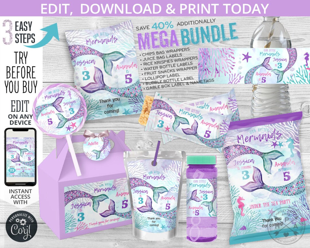 MEGA BUNDLE Mermaids Joint Party Birthday Pack, Chips Bags, Juice, Rice ...