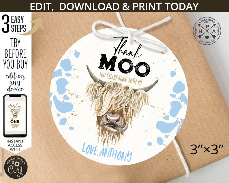 Holy Cow Thank You Tag. Highland Cow Thank Moo Circle Round - Etsy