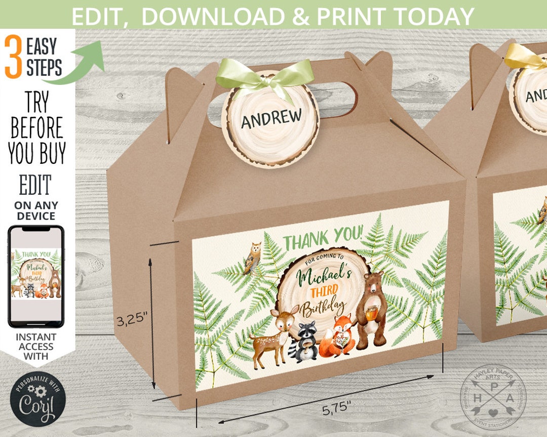 EDITABLE Woodland Animals Ferns Birthday Gable Gift Box Labels and Tags ...