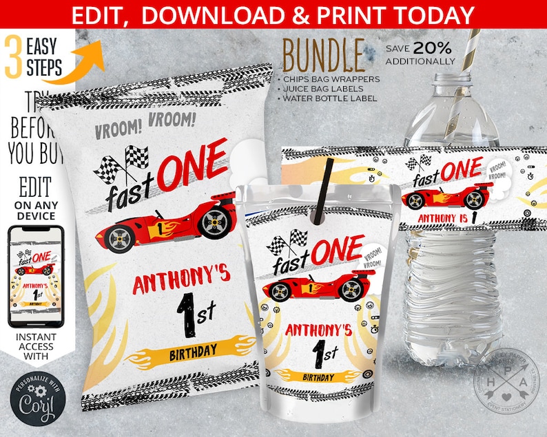 BUNDLE Fast ONE Race Car Chips Bag Juice Bags Water Bottle - Etsy
