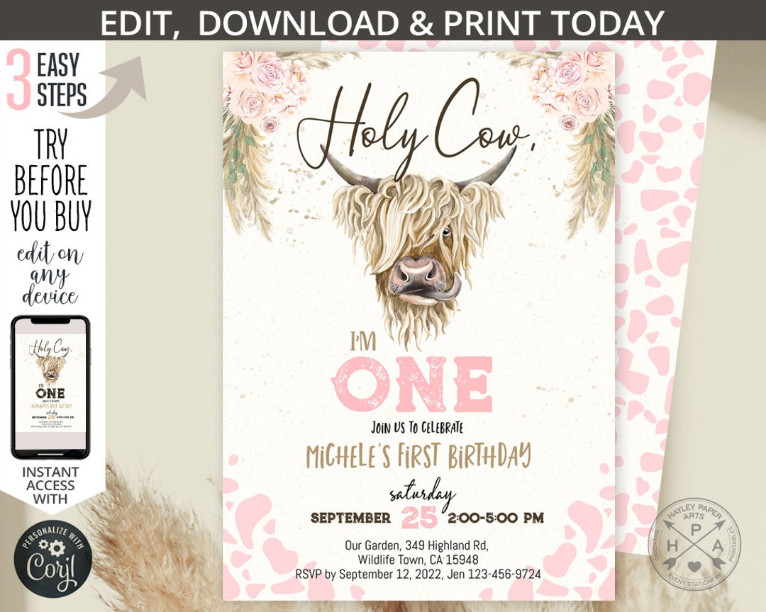 Holy Cow Birthday Highland Cow Boho Pampas Grass Roses Girl Invitation ...