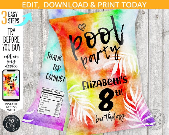 Tie Dye Pool party chips bag, summer tropical palm swimming birthday ...