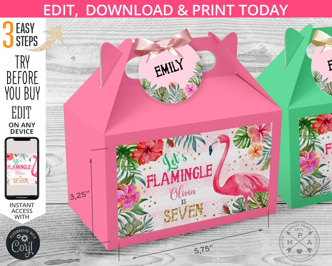 EDITABLE Flamingo Birthday Gable Gift Box Labels and Tags. Let's ...