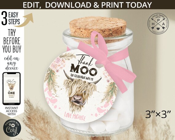 Holy cow thank you tag. Highland cow thank moo circle round 3x3 ...