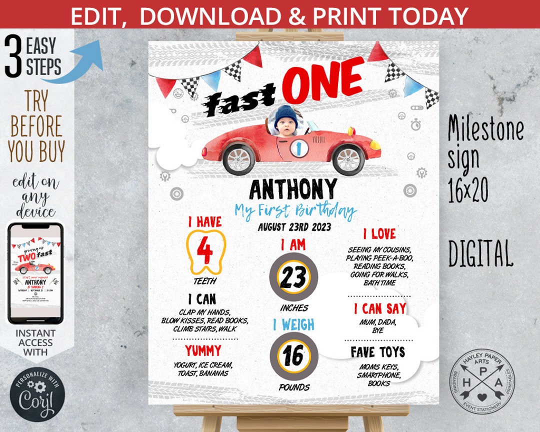 Fast ONE Race Car Vintage Red Auto Stats Milestone 1st Birthday Sign ...