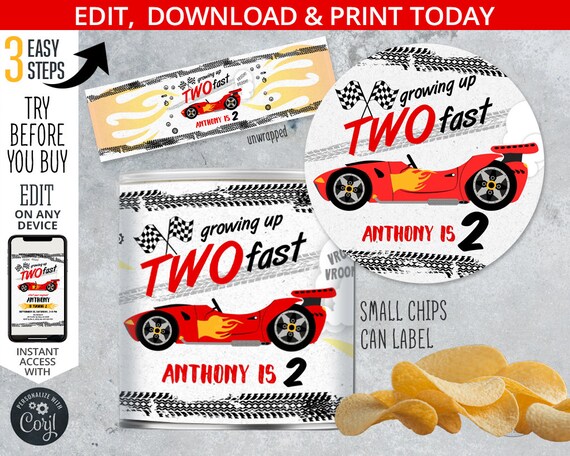 Two fast race car mini chips can label wrapper cover birthday snacks ...