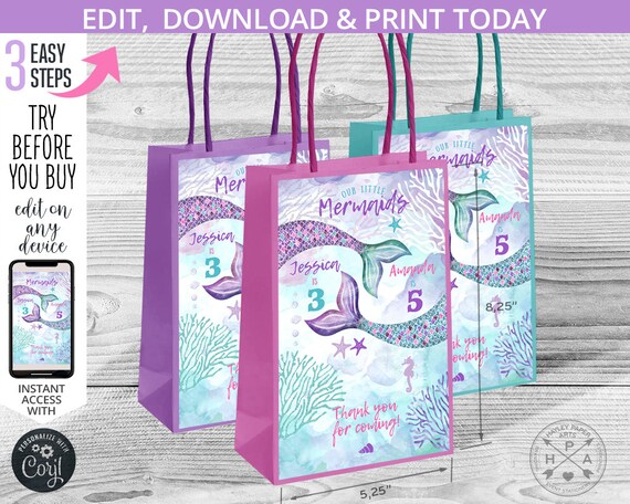 Mermaids joint party paper bag labels small under the sea favor gift ...