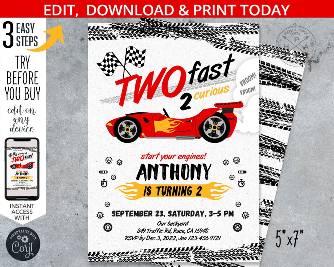 Two Fast Race Car Birthday Invitation, Two Fast 2 2nd Birthday Party ...