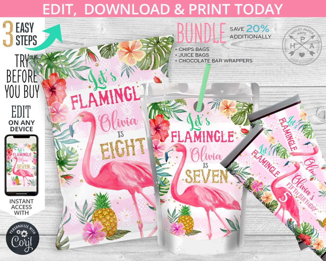 BUNDLE Flamingo Chips Bag, Juice Bags, Chocolate Bar Wrappers Labels ...