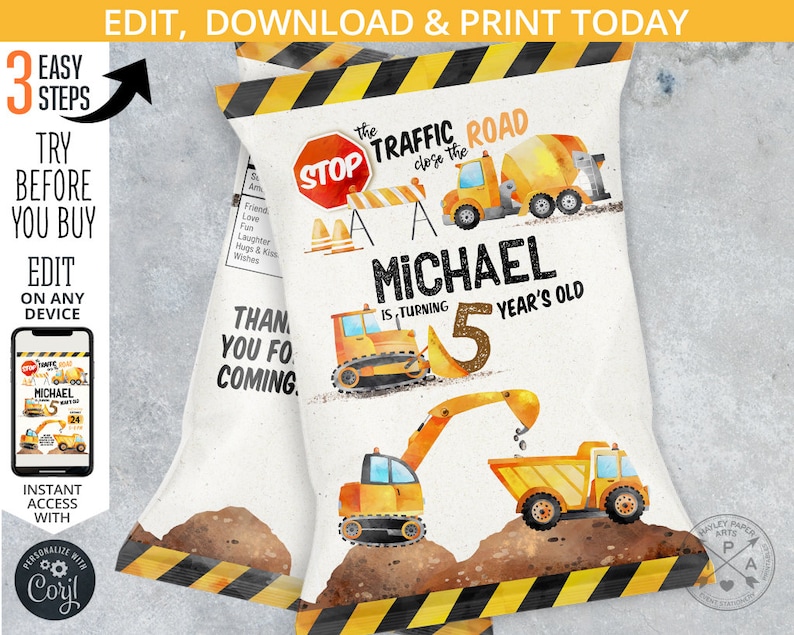 Construction Chip Bag, Chips Pouch Favors, Truck Traffic Road Cement ...