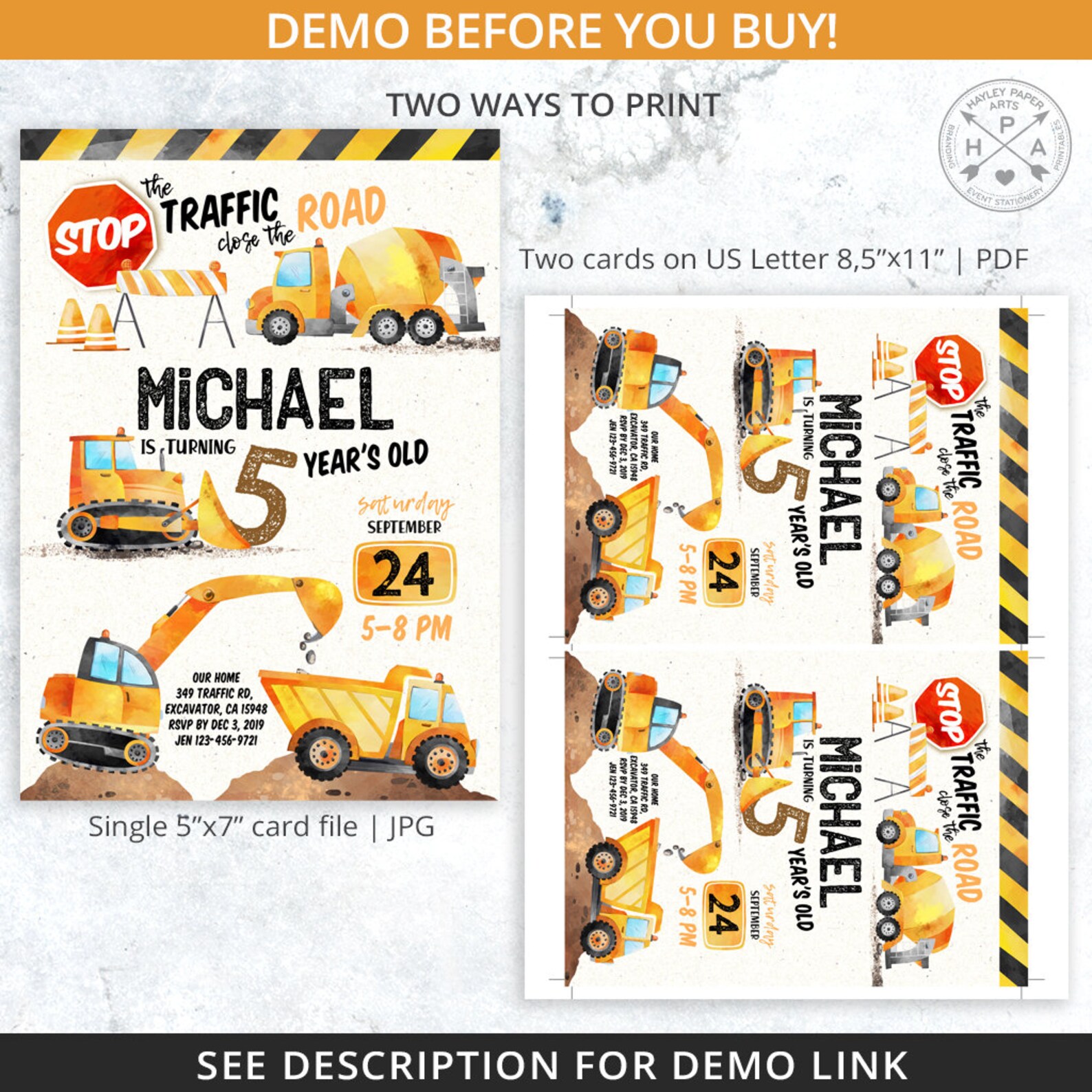 Construction Birthday Invitation, Truck Traffic Road Yellow Black ...