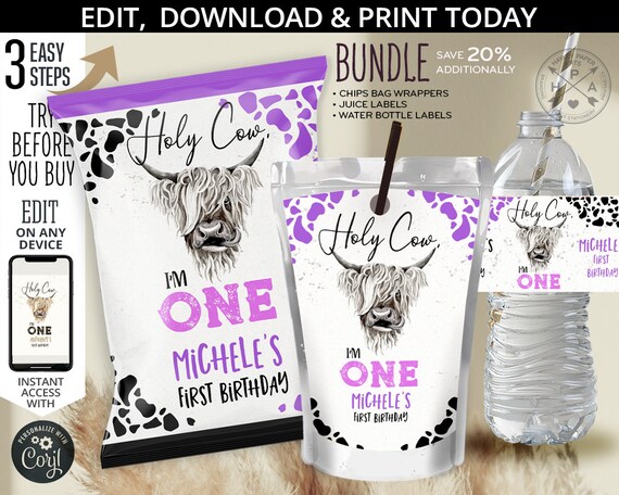 BUNDLE Holy cow I'm ONE highland cow chips bag wrapper, juice bag ...