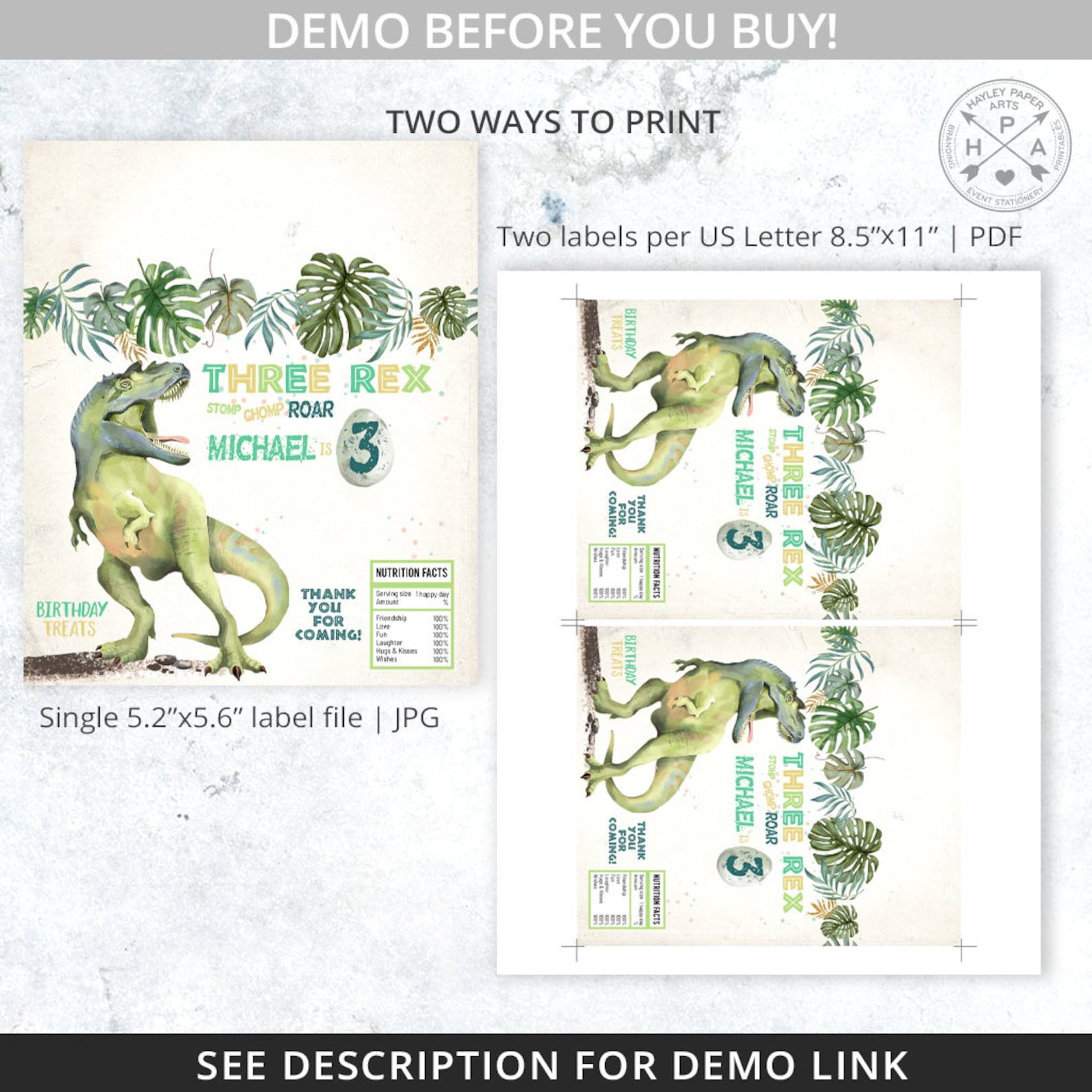 Three Rex Dinosaur Chocolate Candy Bar Wrapper Labels Dino T-rex ...