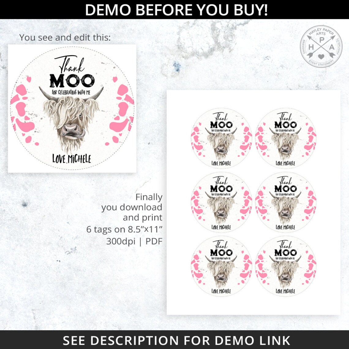 Cow Thank You Tag. Holy Cow Highland Thank Moo Circle Round - Etsy