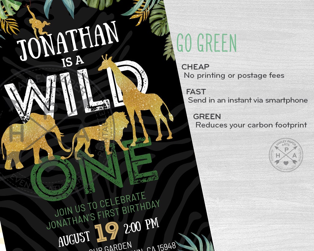Jungle wild one electronic invitation gold safari animals | Etsy