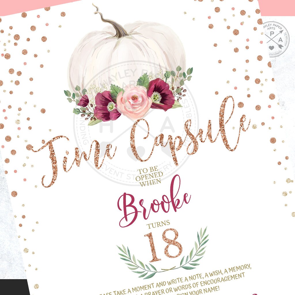 EDITABLE Time Capsule pumpkin burgundy flowers gold rose baby | Etsy