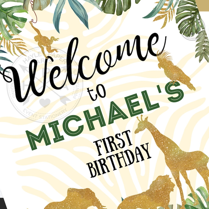 Jungle Welcome Poster Sign 1st First Birthday. Safari Animals Wild One ...
