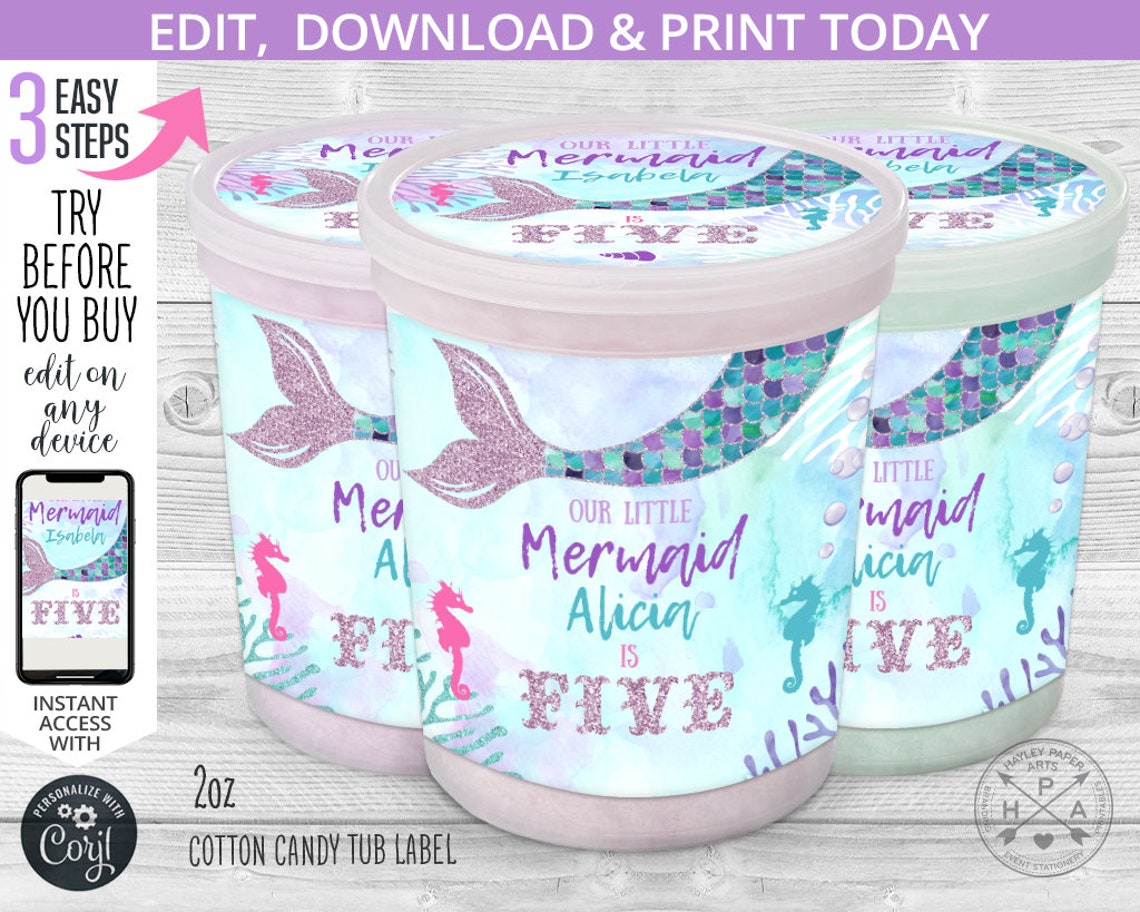 Mermaid Tail Cotton Candy Tub Label, Plastic Container, Birthday Under ...