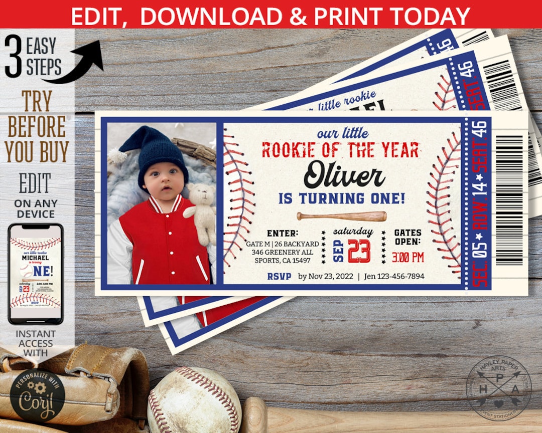 Baseball Ticket Invitation First Birthday ONE Navy Blue Red Boy Party ...