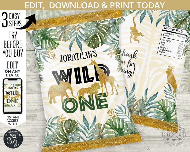 EDITABLE Jungle Wild One Chip Bag Snacks Treats Bags Safari | Etsy