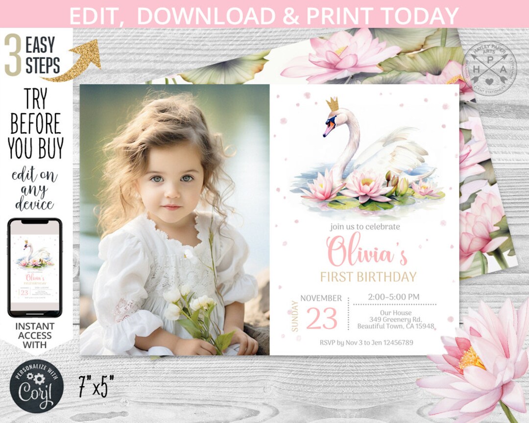 Swan First Birthday Invitation Water Lilies Princess ONE Crown Pink ...