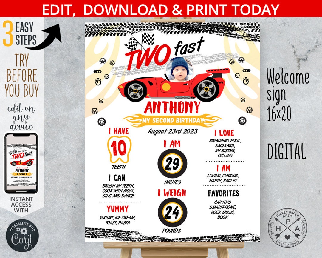Race Car TWO Fast Stats Milestone 2nd Birthday Sign. Second Speed ...