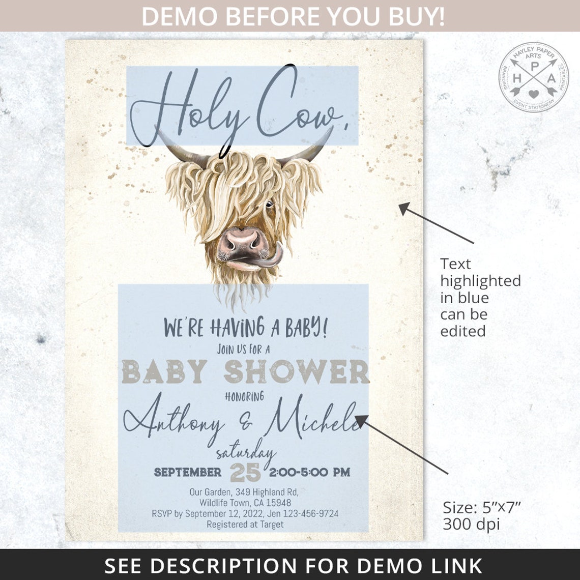 Holy Cow Baby Shower Invitation Highland Cow Boho Beige Black Neutral ...