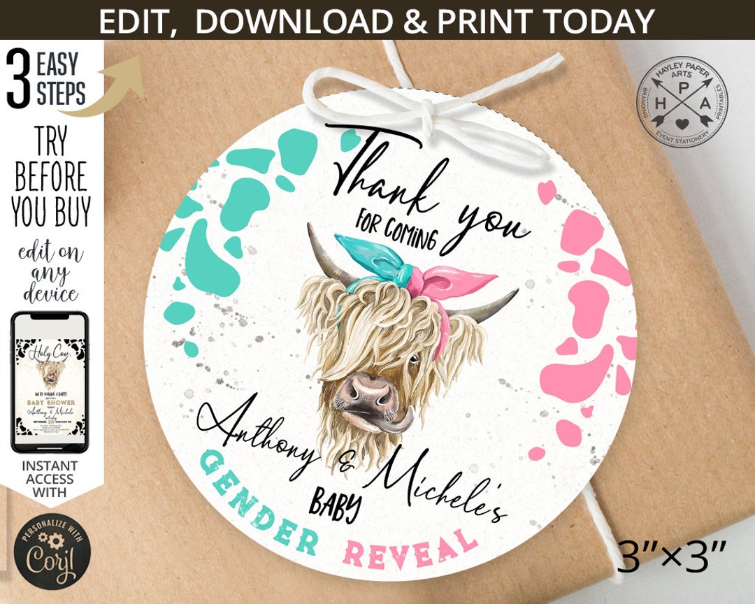Cow Baby Shower Gender Reveal Thank You Tag. Holy Cow Highland Thank ...